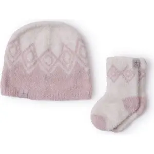 Barefoot Dreams Cozychic Lite Fair Isle Beanie & Socks Set - Dusty Rose-cream