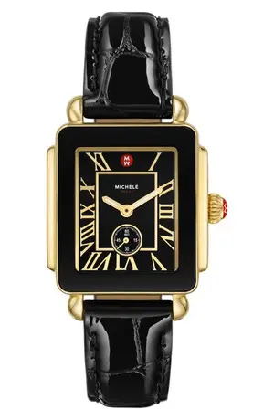 Michele Deco Sport Mid Leather Strap Watch - Black/gold
