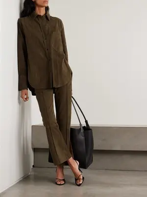 Victoria Beckham Cropped Suede Flared Pants - Green