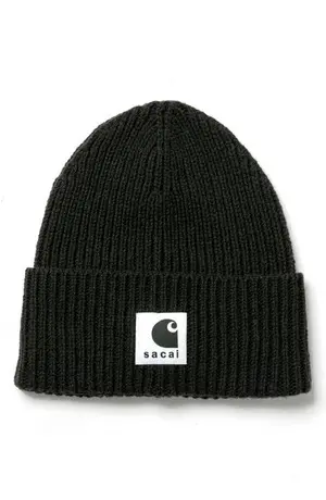 Sacai Carhartt Wip Ribbed Wool And Nylon Beanie - Black