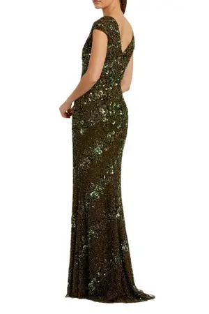 Mac Duggal Floral Embellished Cap Sleeve Sheath Gown - Olive