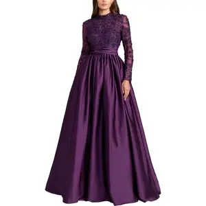Mac Duggal Embroidered Long Sleeve Satin Ball Gown