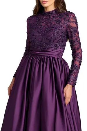 Mac Duggal Embroidered Long Sleeve Satin Ball Gown
