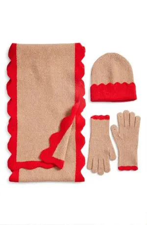 Treasure & Bond Scalloped Scarf Set - Camel- Red