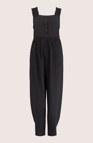 TURTLEDOVE LONDON Smocked Pinstripe Denim Jumpsuit - Black
