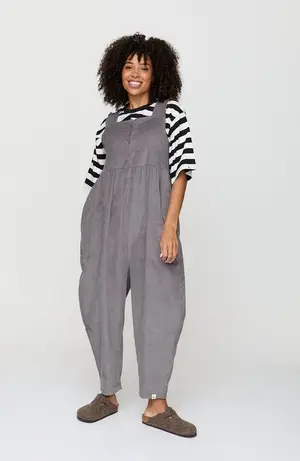TURTLEDOVE LONDON Smocked Pinstripe Denim Jumpsuit - Grey