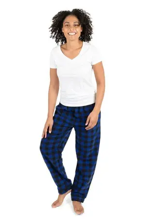 LEVERET Fleece Printed Holiday Pajama Pants - Plaid Black & Navy