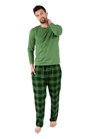 LEVERET Cotton Top & Flannel Pants Printed Holiday Pajama Set - Plaid Black & Green