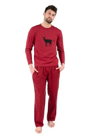 LEVERET Cotton Top & Flannel Pants Printed Holiday Pajama Set - Reindeer