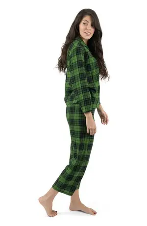 LEVERET Cotton Flannel Printed Holiday Pajama Set - Plaid Black & Green