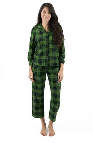 LEVERET Cotton Flannel Printed Holiday Pajama Set - Plaid Black & Green