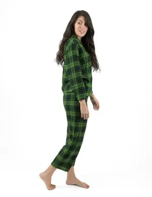 LEVERET Cotton Flannel Printed Holiday Pajama Set - Plaid Black & Green