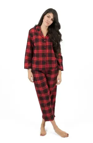 LEVERET Cotton Flannel Printed Holiday Pajama Set - Plaid Black & Red
