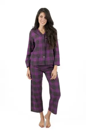 LEVERET Cotton Flannel Printed Holiday Pajama Set Plaid Purple & Gray