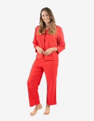 LEVERET 2-pc. Cotton Flannel Button-front Holiday Pajama Set - Solid Red