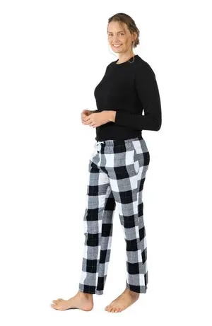 LEVERET Cotton Top & Flannel Pants Printed Holiday Pajama Set - Plaid Black & White