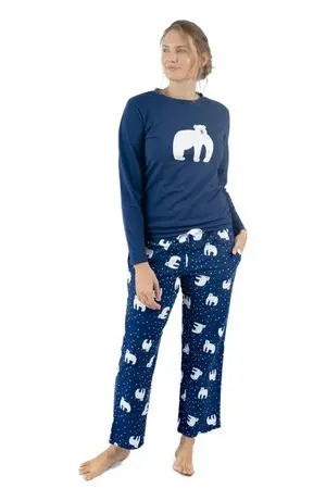 LEVERET Cotton Top & Flannel Pants Printed Holiday Pajama Set - Polar Bear