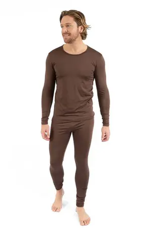LEVERET Two-piece Thermal Long Sleeve Solid Pajamas - Brown