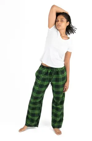 LEVERET Cotton Flannel Holiday Pajama Pants - Plaid Black & Green