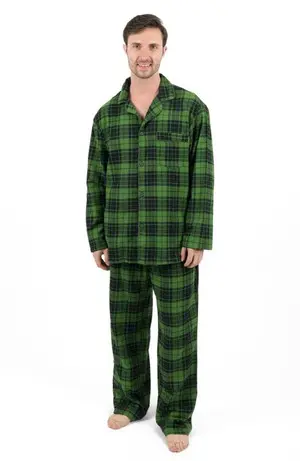 LEVERET Cotton Flannel Printed Holiday Pajama Set - Plaid Black & Green