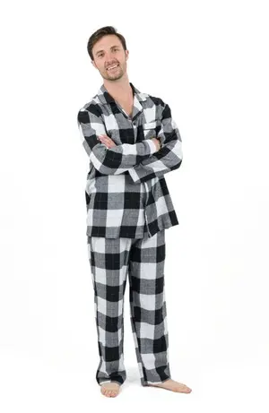 LEVERET Cotton Flannel Printed Holiday Pajama Set - Plaid Black & White