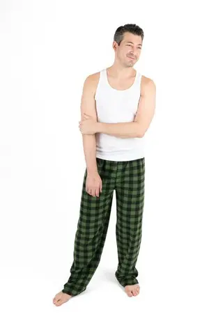 LEVERET Fleece Printed Holiday Pajama Pants - Plaid Black & Green