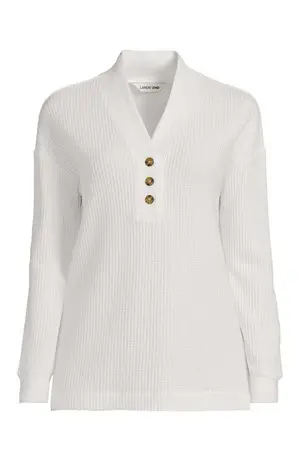 LANDS' END Long Sleeve Waffle Henley - Ivory