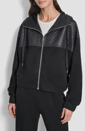 Dkny Mixed Media Zip-up Hooded Jacket - Black/black
