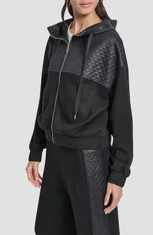 Dkny Mixed Media Zip-up Hooded Jacket - Black/black