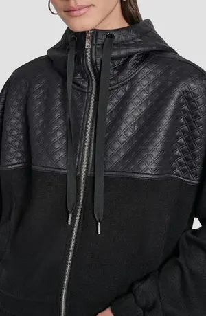 Dkny Mixed Media Zip-up Hooded Jacket - Black/black