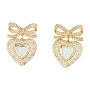 SELF-PORTRAIT Bow And Heart Crystal Earrings - Gold