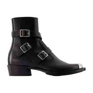Alexander McQueen Leather Ankle Boots With Silver Tone Detailing