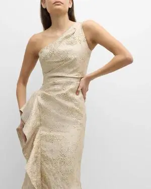 Rickie Freeman For Teri Jon One-shoulder Jacquard Gown - Gold