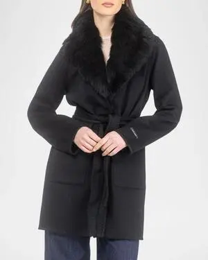 Gorski Belted Cashmere-wool Stroller With Detachable Shearling Collar - Black