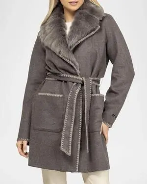 Gorski Belted Cashmere-wool Stroller With Detachable Shearling Collar - Brown