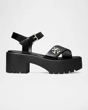 Tory Burch Turnlock Leather Platform Sandals - Black