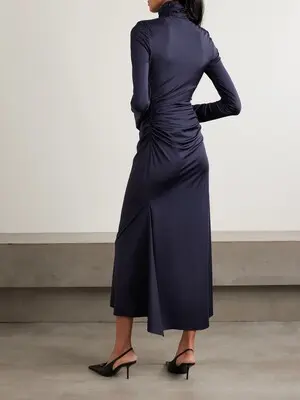 Victoria Beckham Gathered Draped Jersey Turtleneck Midi Dress