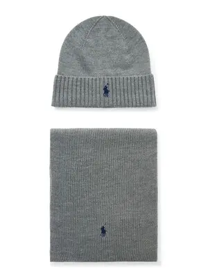 Ralph Lauren Ribbed Wool Beanie And Scarf Set - Gray