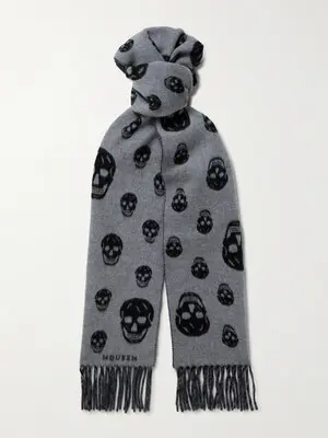 Alexander McQueen Fringed Intarsia-knit Wool And Cashmere-blend Scarf - Gray