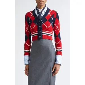 Thom Browne Argyle Intarsia Shrunken Virgin Wool Blend Cardigan - Red/white/blue