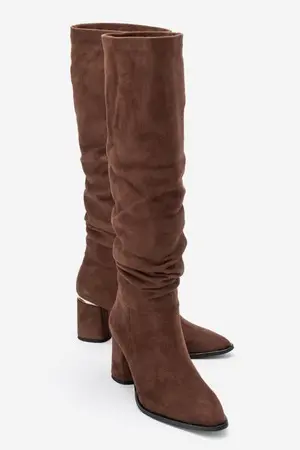 PROLOGUE SHOES Vianella Block Heel Knee High Boots - Brown Suede Faux Leather