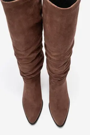 PROLOGUE SHOES Vianella Block Heel Knee High Boots - Brown Suede Faux Leather