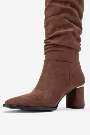 PROLOGUE SHOES Vianella Block Heel Knee High Boots - Brown Suede Faux Leather
