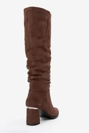 PROLOGUE SHOES Vianella Block Heel Knee High Boots - Brown Suede Faux Leather