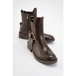 PROLOGUE SHOES Buckled Zip Ankle Boots - Brown Faux Leather