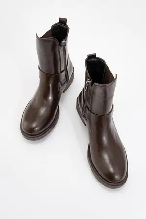 PROLOGUE SHOES Buckled Zip Ankle Boots - Brown Faux Leather