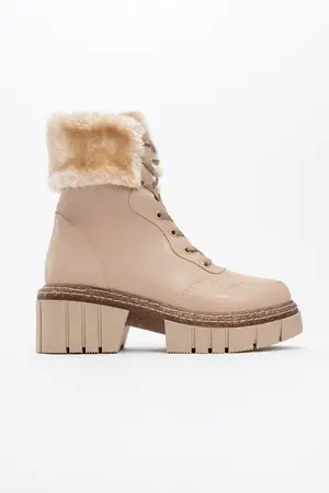PROLOGUE SHOES Faith Fur Chunky Boots - Beige Faux Leather