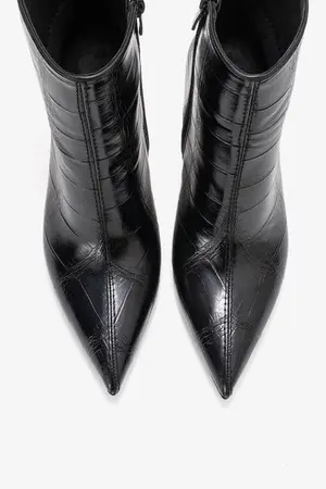 PROLOGUE SHOES Sculptural Pointed Toe Bootie - Black Print Faux Leather