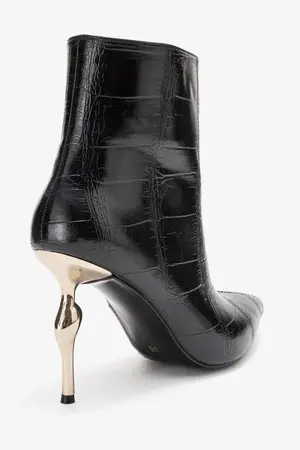 PROLOGUE SHOES Sculptural Pointed Toe Bootie - Black Print Faux Leather