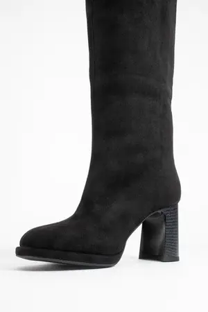 PROLOGUE SHOES Josette Knee High Block Heel Boots - Black Suede Faux Leather